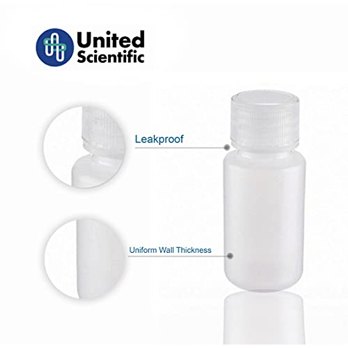 United Scientific™ BNM090-PK6 Leakproof 3oz (90mL) Travel Bottle | HDPE bottle with lined Polypropylene lid | TSA Approved | Pack of 6 Bottles