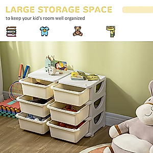 Qaba 3 Tier Kids Storage Unit, 6 Drawer Chest Toy Organizer Plastic Bins for Kids Bedroom Nursery Kindergarten Living Room for Boys Girls Toddlers, Cream