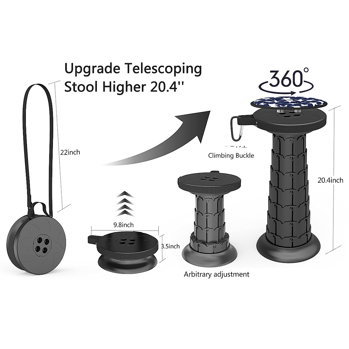 20.4“Telescoping Stool with Cushion,Portable Camping Stool More Sturdy Capacity 550Ib,Collapsible Retractable Stool Adjustable Folding Stool for Garden Fishing Hiking BBQ with Carry Bag,Carabiner