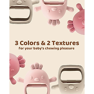3 Packs Baby Teething Toy Silicone Teething Mitten for Babies Over 3 Months Anti Dropping Wrist Hand Teethers Baby Chew Toys for Sucking Needs, BPA Free (Pink, Caramel & Coral Red)