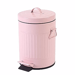 Bathroom Trash Can with Lid, Small Trash Can Wastebasket for Home Bedroom with Lid, Round Waste Bin Soft Close, Retro Vintage Garbage Metal Cans for Office, 5 Liter / 1.3 Gallon, Glossy Pink