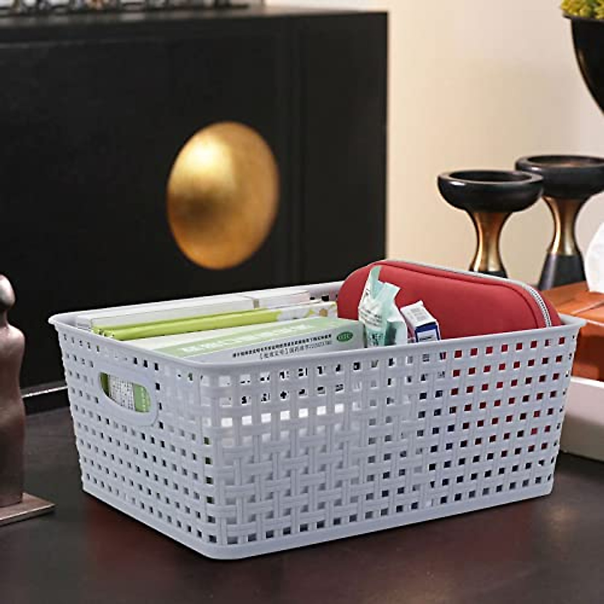 Rinboat Medium Plastic Storage Baskets with Handle, 4 Packs, G