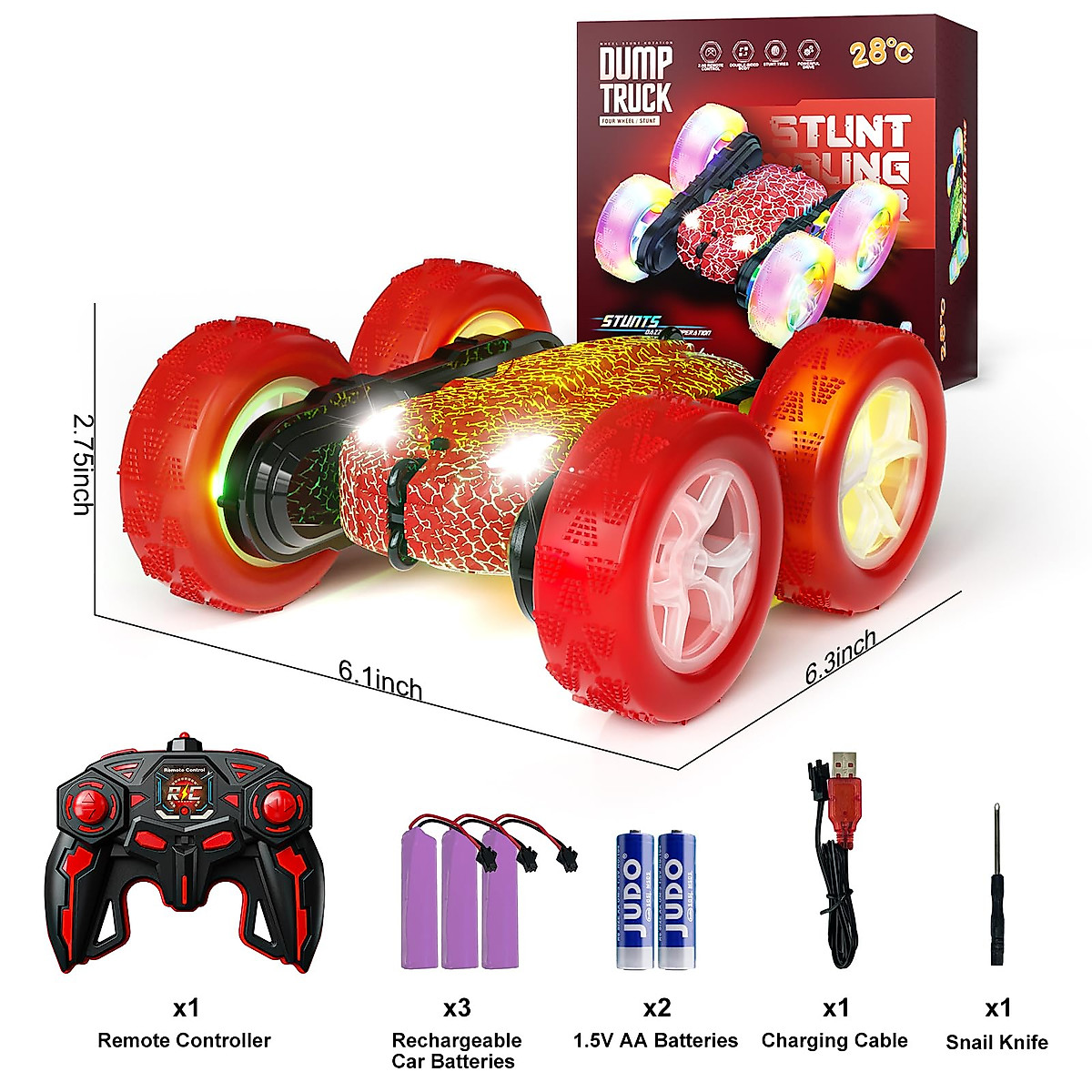 28℃ Remote Control Car Stunt RC Cars, 4WD Rechargeable RC Truck with Headlights Wheel Lights, Double Sided 360 Flips Stunt Toy Car for Kids Boys Girls 6 Year Old Christmas Birthday Gift (Orangered)