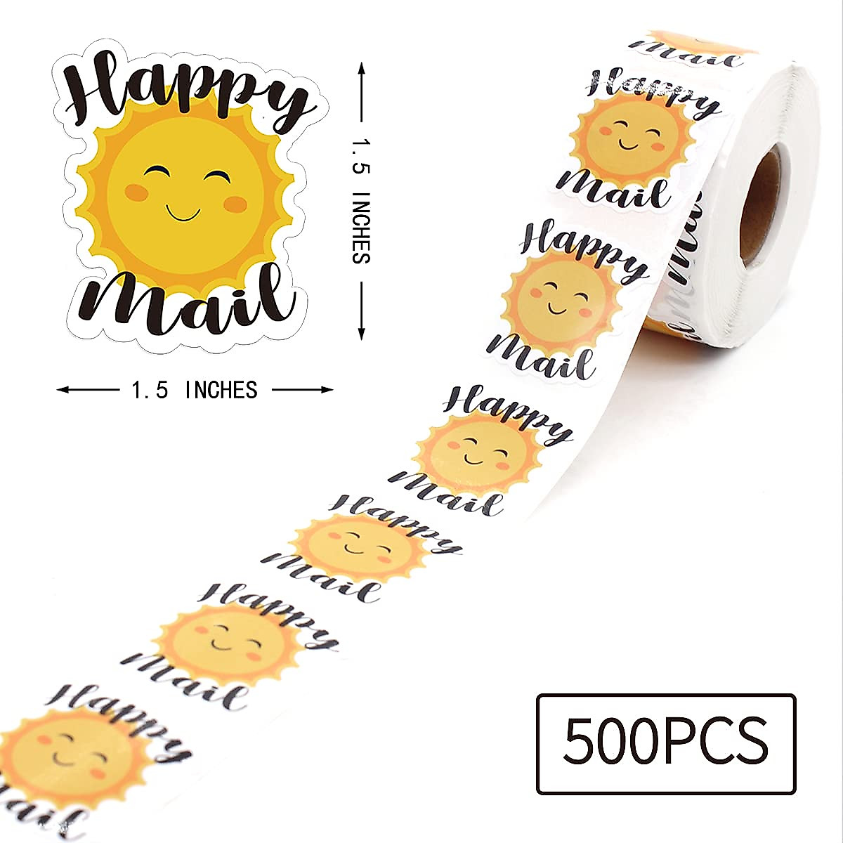 Littlefa 1.5” Happy Mail with Sun Design Stickers,Mail Stickers,Bakeries Stickers,Handmade Stickers,Small Business Stickers, Envelopes Stickers, Gift Bags Packaging 500 PCS