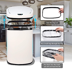 HCB Trash Can Automatic Waste Bin Mute Metal Garbage Can with Lid Stainless Steel 13 Gallon 50 Liter for Kitchen | Office | Bedroom | Bathroom | Living Room (White)