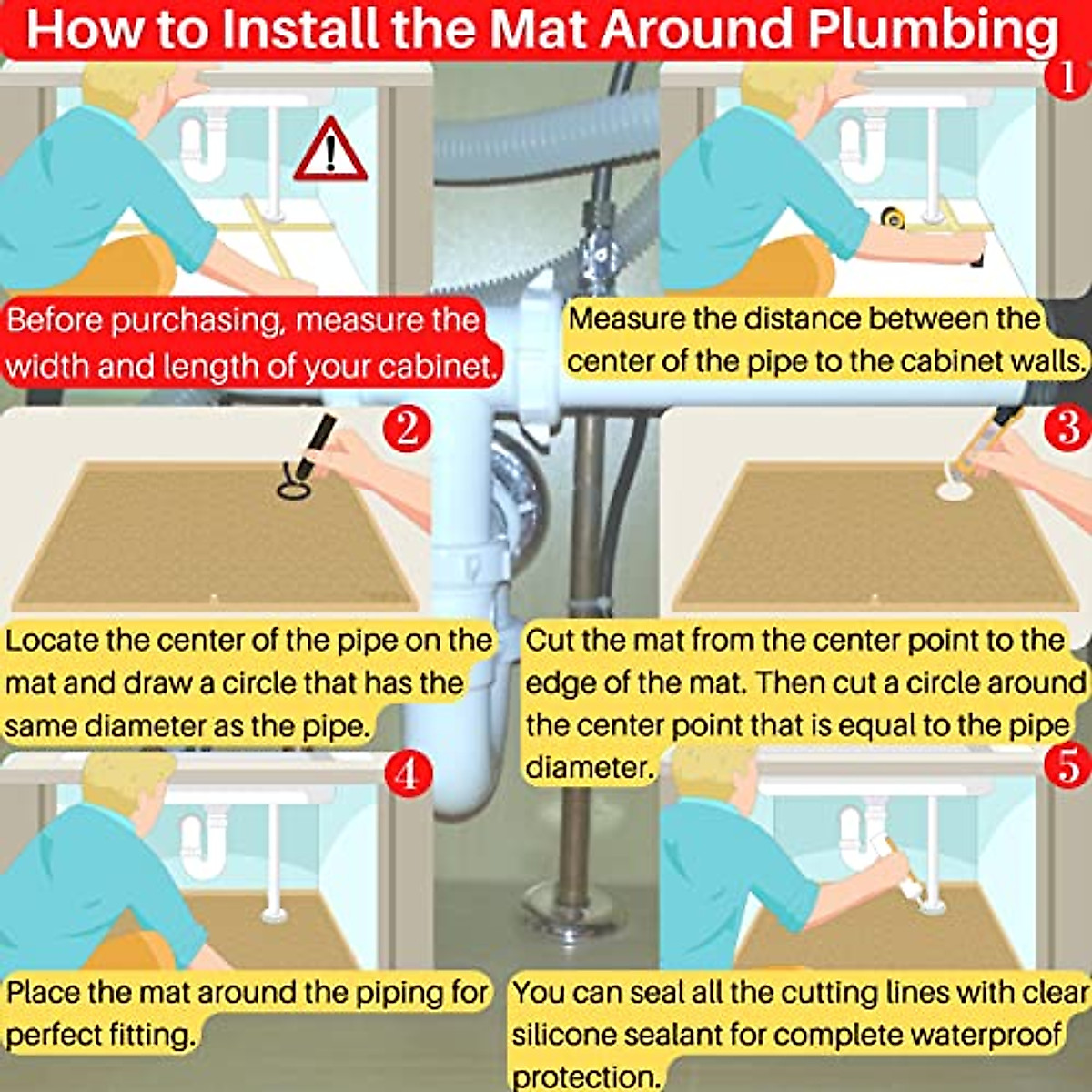 maryha Under Sink Mat for Kitchen Cabinet - Waterproof Silicone Proctor Tray for Leaks, Drips, Spills - Flexible Shelf Liner with Raised Edge and Drain Hole for Kitchen, Bathroom - 34" x 22" Beige
