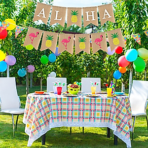 Whaline Hawaiian Aloha Burlap Banner Pineapple Flamingo Pattern Summer Garland Flag Pre-Assembled Tropical Theme Banner for Summer Beach Pool Barbecue Party Decoration Supplies, 2Pcs
