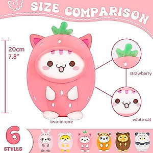 AIXINI Cute Strawberry Cat Plush Pillow 8" Kitten Stuffed Animal, Soft Kawaii Cat Plushie with Strawberry Outfit Costume Gift for Kids