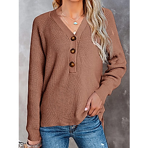 Womens Sweaters Long Sleeve V Neck Button Down Ribbed Knit Sweater Casual Relaxed Fit Pullover Jumper Tops Brown