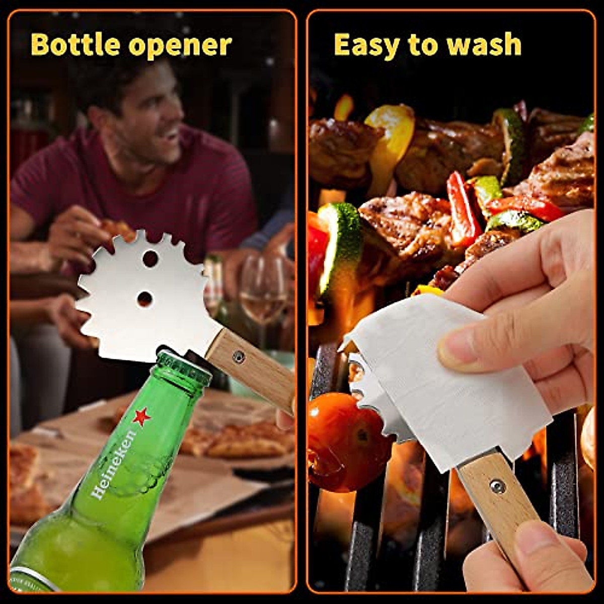 BBQ Grill Scraper Gifts for Men, Wooden Handle Grate Cleaning Tool, Safe Barbecue Grill Scraper Bristle Free, BBQ Gifts for Dad Husband Boyfriend, Stocking Stuffers for Men