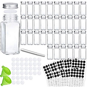 Glass Spice Jars, KAMOTA 36 PCS 4oz Empty Square Spice Bottles with Shaker Lids and Airtight Metal Caps - 662 Spice Labels Included.
