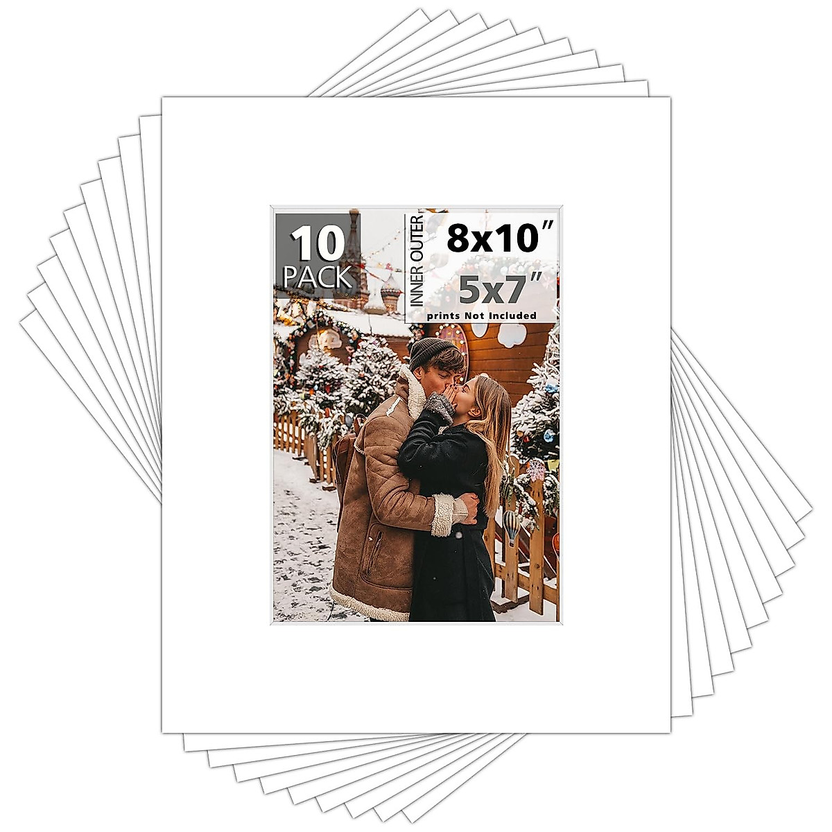 Mat Board Center, 10-Pack, 8x10 White Mats for 5x7 Pictures - White Core Bevel Cut Mattes, 4-Ply - Acid-Free, Photo Mat Board