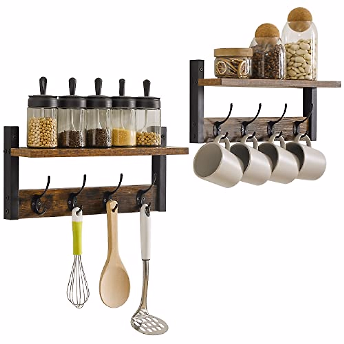 YMYNY Coat Rack Shelf Wall Mounted, Coat Hooks Set of 2, Entryway Coat Hanger with 8 Hooks, 31.5" Wall Floating Shelf with Hat Rack, for Kitchen, Bedroom, Bathroom, Rustic Brown UHWS001H-2