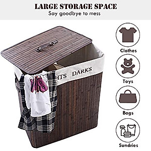 Casart Bamboo Hamper Laundry Basket Folding Double Rectangle Washing Cloth Storage Bag Lid (brown, rectangle)