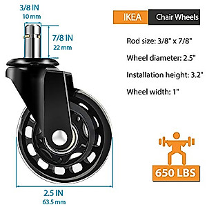 Office Chair Wheels 10mm Stem-ONLY Compatible With IKEA Chairs (Set of 5)- 2.5 inch Chair Wheels Replacement Polyurethane Protection Your Hardwood Floors Without Any Chair Mats(3/8" x 7/8" Stem)