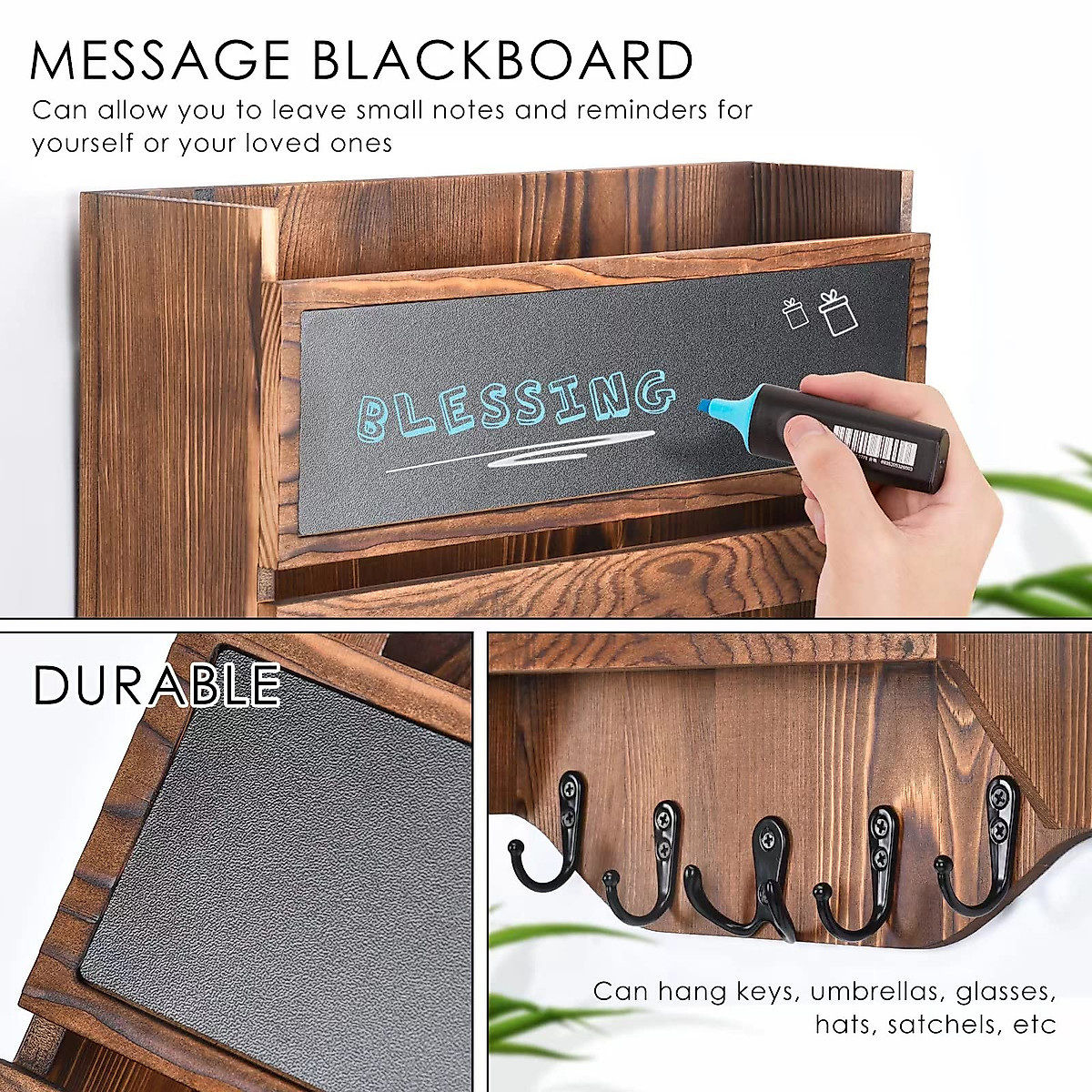 BKCOYSJ Wooden Key and Mail Holder for Wall with 6 Hooks and Chalkboard Wall Mount Mail Organizer Key Rack for Hallway Bedroom and Living Room (Brown)