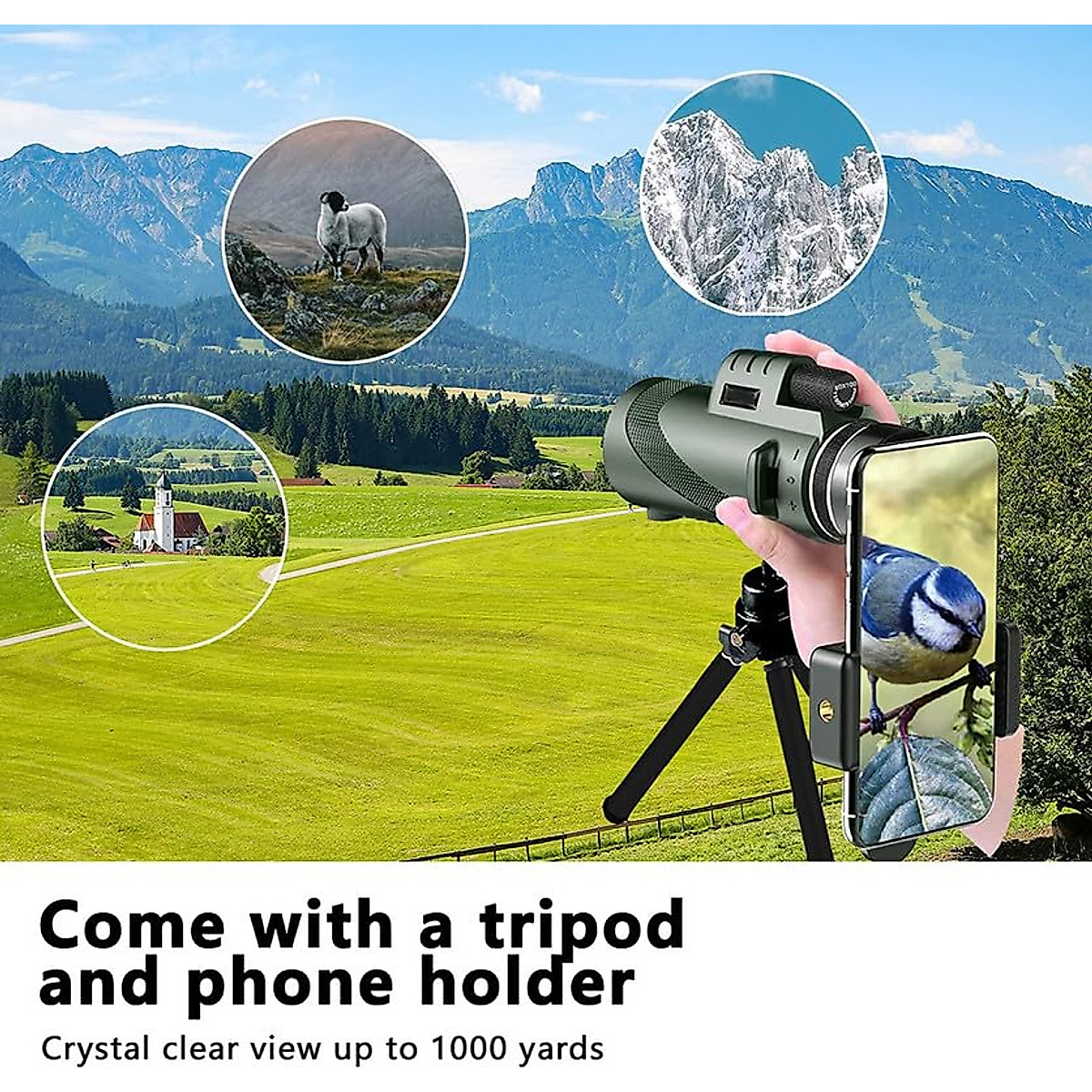 80x100 HD Monocular for Adults High Powered with Smartphone Adapter & Tripod, Monocular-Telescope with BAK4 Prism for Bird Watching, Hunting, Hiking, Outdoor Camping, Travel, Wildlife