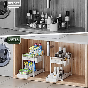 BAYANKHAR Under Sink Organizers and Storage, Multi-purpose Bathroom Organizer Under Sink, 2 Tier Under Kitchen Sink Organizer Sliding Cabinet organizer Basket with Hooks,Hanging Cup,white,2 Pack