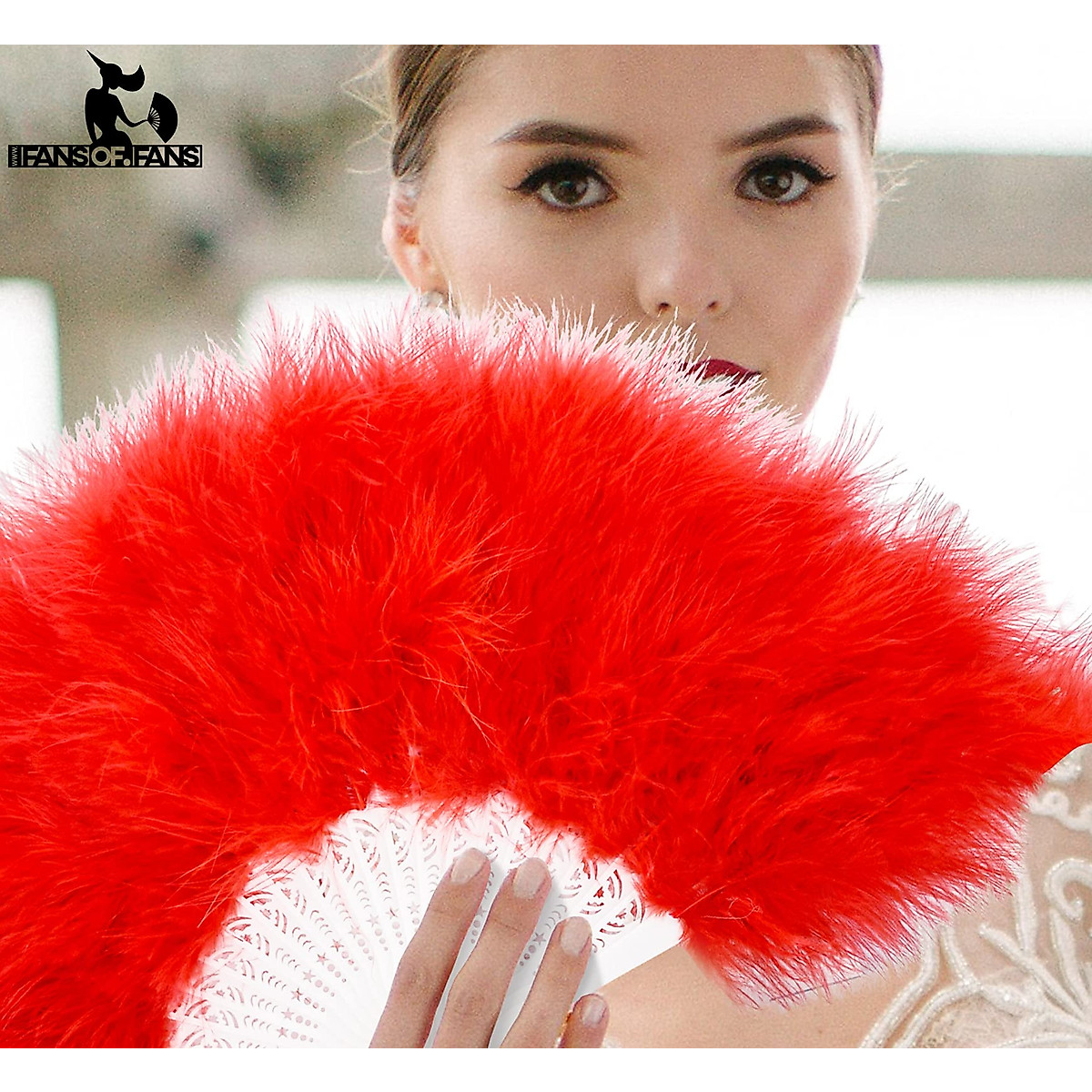 FANSOF.FANS Marabou Feather Hand Fan 45cm, Fancy Dress Wedding Party Favour Gift Outdoor Vintage Dance Photoshoot (Red)
