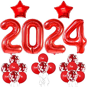 KatchOn, Red 2024 Balloon Numbers Set - Pack of 22 | Giant 40 Inch Red 2024 Balloons, Confetti Balloons, Red and White Graduation Decorations | Red Graduation Decorations Class of 2024 Red and White