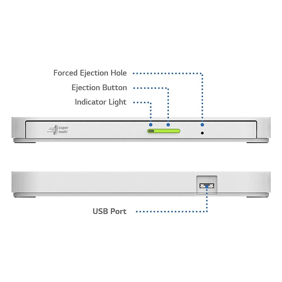 Hitachi LG External CD/DVD Drive | Portable Player Burner for Laptop, PC, Smartphone | USB Type-C | Multi OS (Window, Mac, Android, Fire) (White)