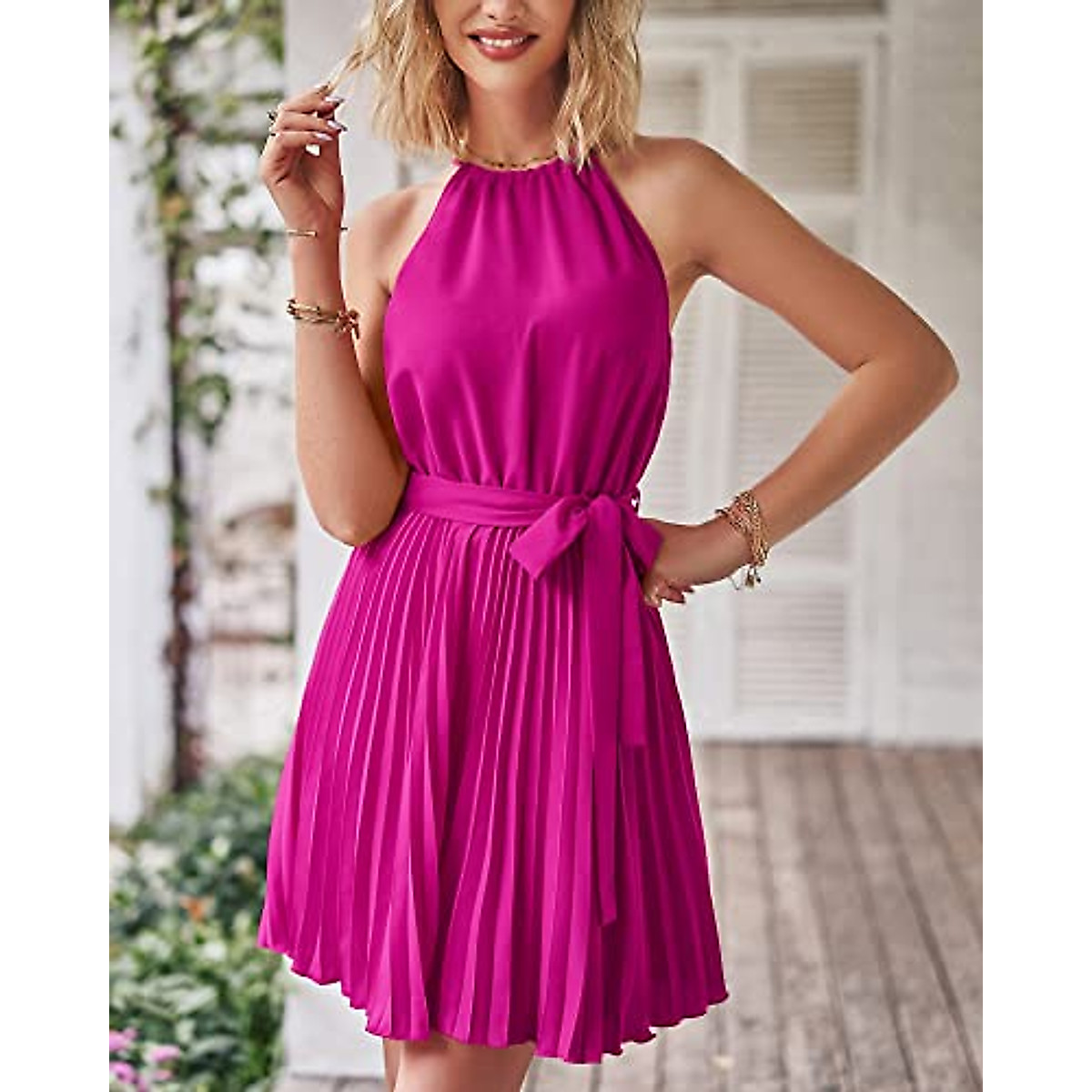 BTFBM Women 2024 Summer Casual Halter Neck A-Line Dress Sleeveless Belted Swing Pleated Cocktail Party Beach Mini Dresses(Solid Purple Red, Large)