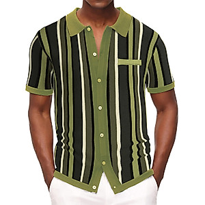 PJ PAUL JONES Mens Short Sleeve Knit Golf Shirt Retro 90s Stripe Polo Shirts Green L