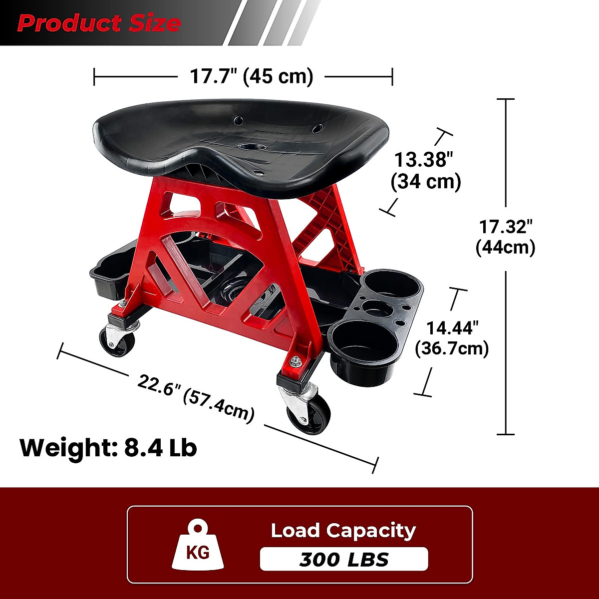ROBLOCK Durable Mechanic Stool Chair with Wheels, Heavy Duty Garage Shop Stool On Wheels, Rolling Stool Car Detailing Creeper Seat with Tool Tray for Workshop, Auto Repair Shop and Home
