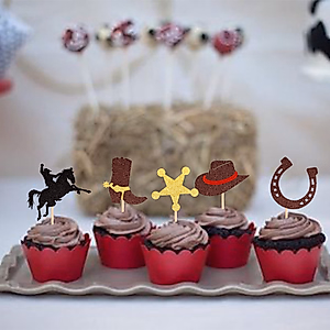 30 PCS Cowboy Cupcake Toppers Glitter HorseShoe Cowboy Hats Boots Cupcake Picks Western Theme Baby Shower Birthday Party Cake Decorations Supplies