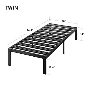 Mellow Rocky Base E 14" Platform Bed Heavy Duty Steel Black, w/ Patented Wide Steel Slats (No Box Spring Needed) - Twin