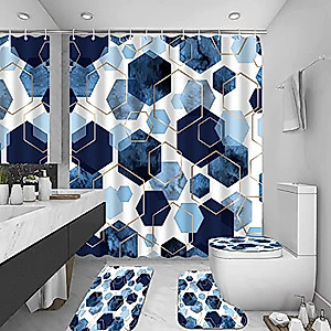 LQCOOL 4Pcs Blue Shower Curtain Set Modern Art Geometric Bathroom Set Navy Blue Abstract Bathroom Curtain Set with 12 Hooks, Bathroom Carpet Bath Mat and Toilet Rugs