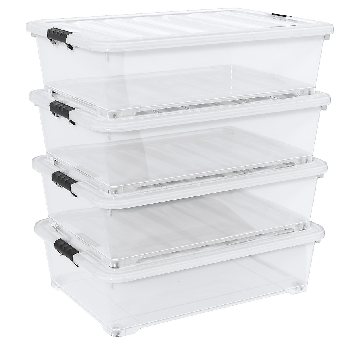 Tyminin 50 Quart Rolling Under Bed Storage Containers, 4-Pack 7.5 Inches Tall Low Profile Underbed Clothes Storage Organizer Bin with Sturdy Wheels, Clear