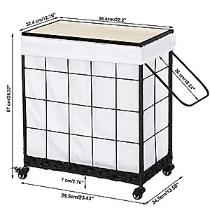 Laundry Hamper with Wood Lid and Divided Liner Bag; Durable Laundry Basket with Heavy Duty Rolling Lockable Wheels; Clothes Hamper with Removable Liner Bag; Laundry Sorter with Metal Handle (White)