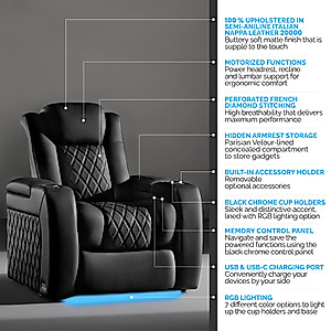 Valencia Tuscany Ultimate Luxury Edition Semi-Aniline Italian Nappa Leather 20000 Power Recline Power Lumbar Support Power Headrest Memory Control RGB Lighting (Row of 4 Loveseat Center Onyx)