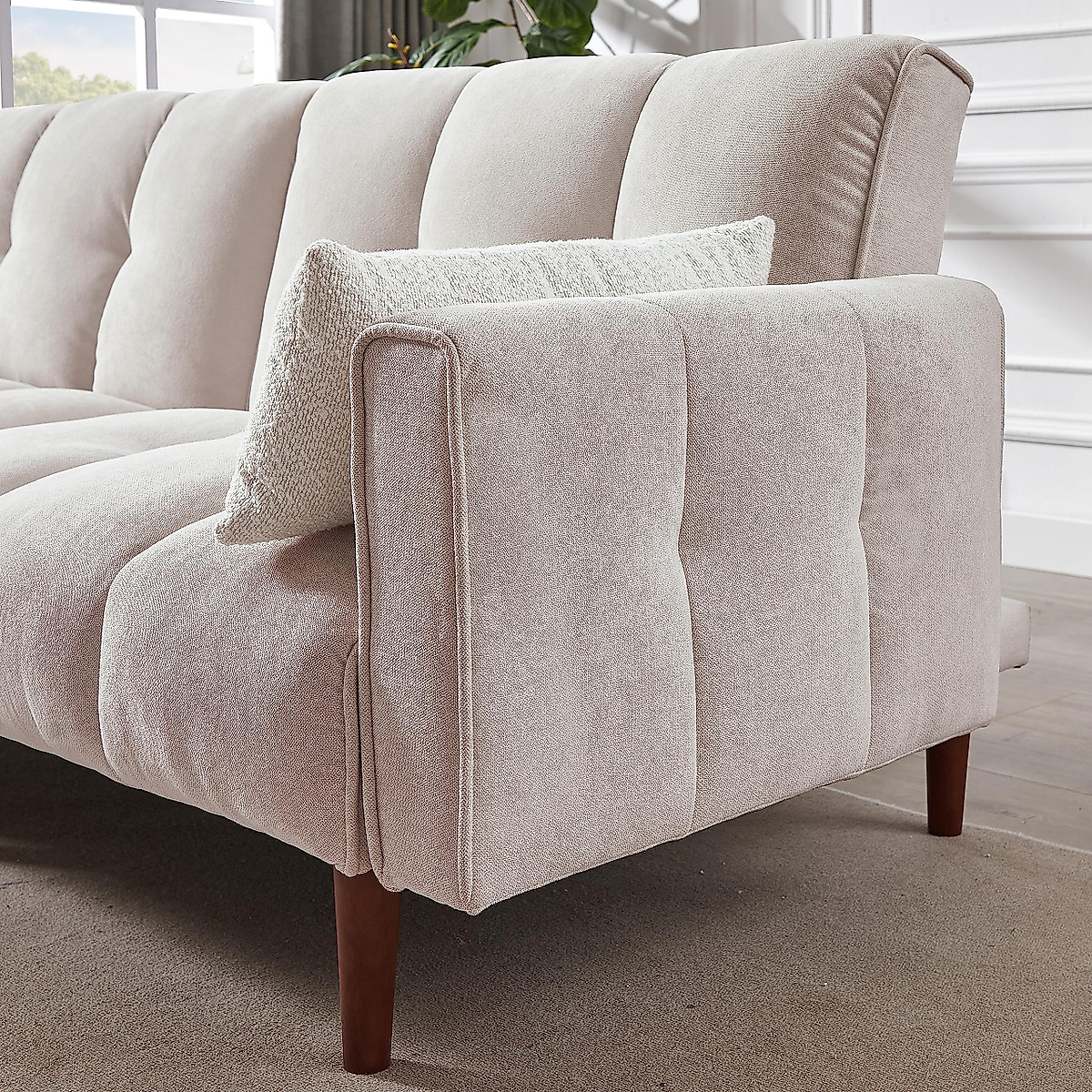 ERYE 3-in-1 Linen Upholstered Convertible Futon Sofabed Modern Oversized Functional Loveseat Sofa Convertible Sleeper Couch Bed with Split Reclining Backrest,2 Pillows and 8 Wood Legs for Living Room