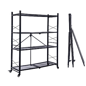 Grezone Foldable Shelves 4 Tier Storage Shelving Unit with Wheels No Assembly Heavy Duty Metal Shelf Rack for Garage Kitchen Hold up to 1000 lbs