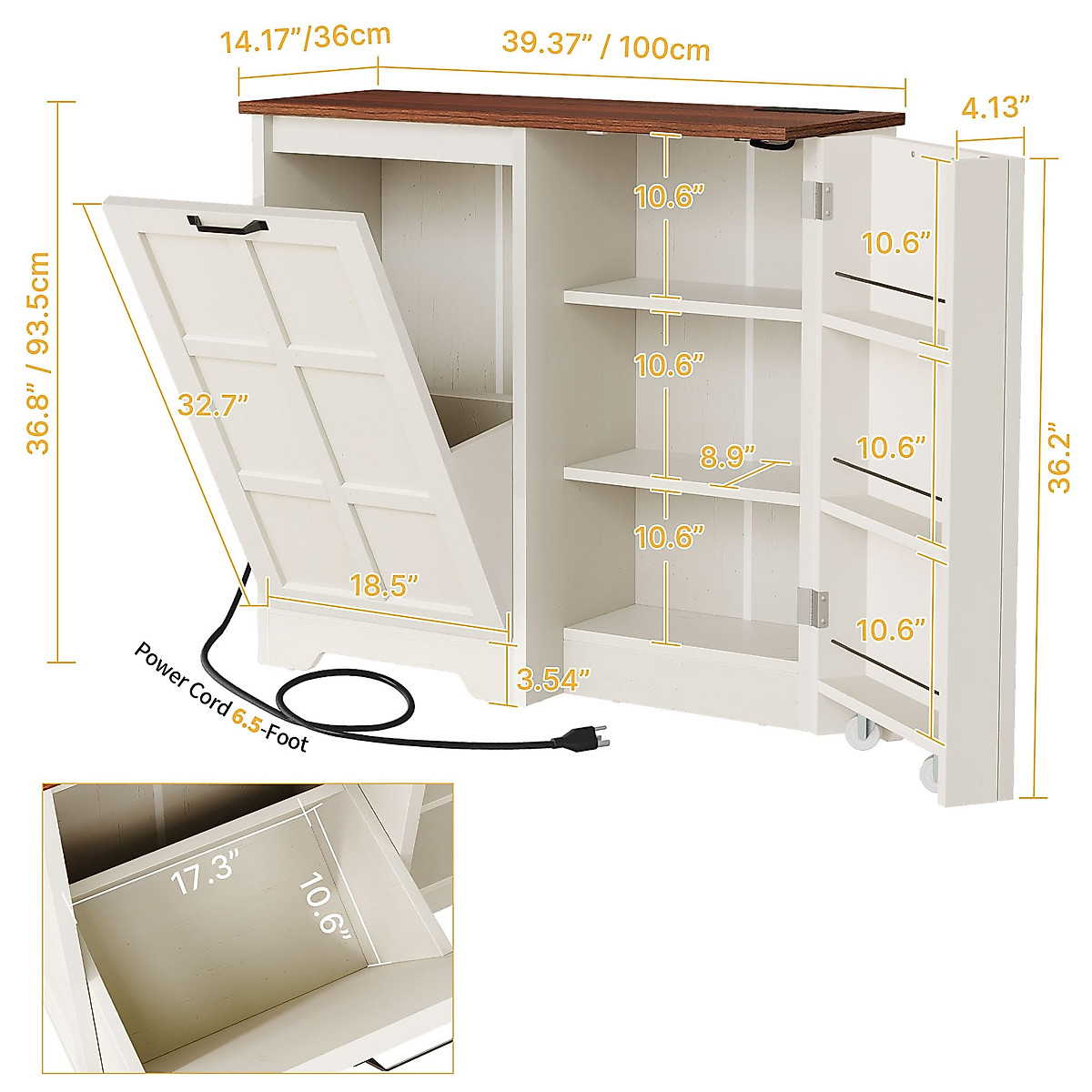 DWVO Tilt Out Trash Cabinet, 13 Gallon Cabinet Trash Can with Outlet/Adjustable Shelves, Hidden Pull Out Trash Bin Cabinet, Kitchen Island with Trash Can Storage, White Oak