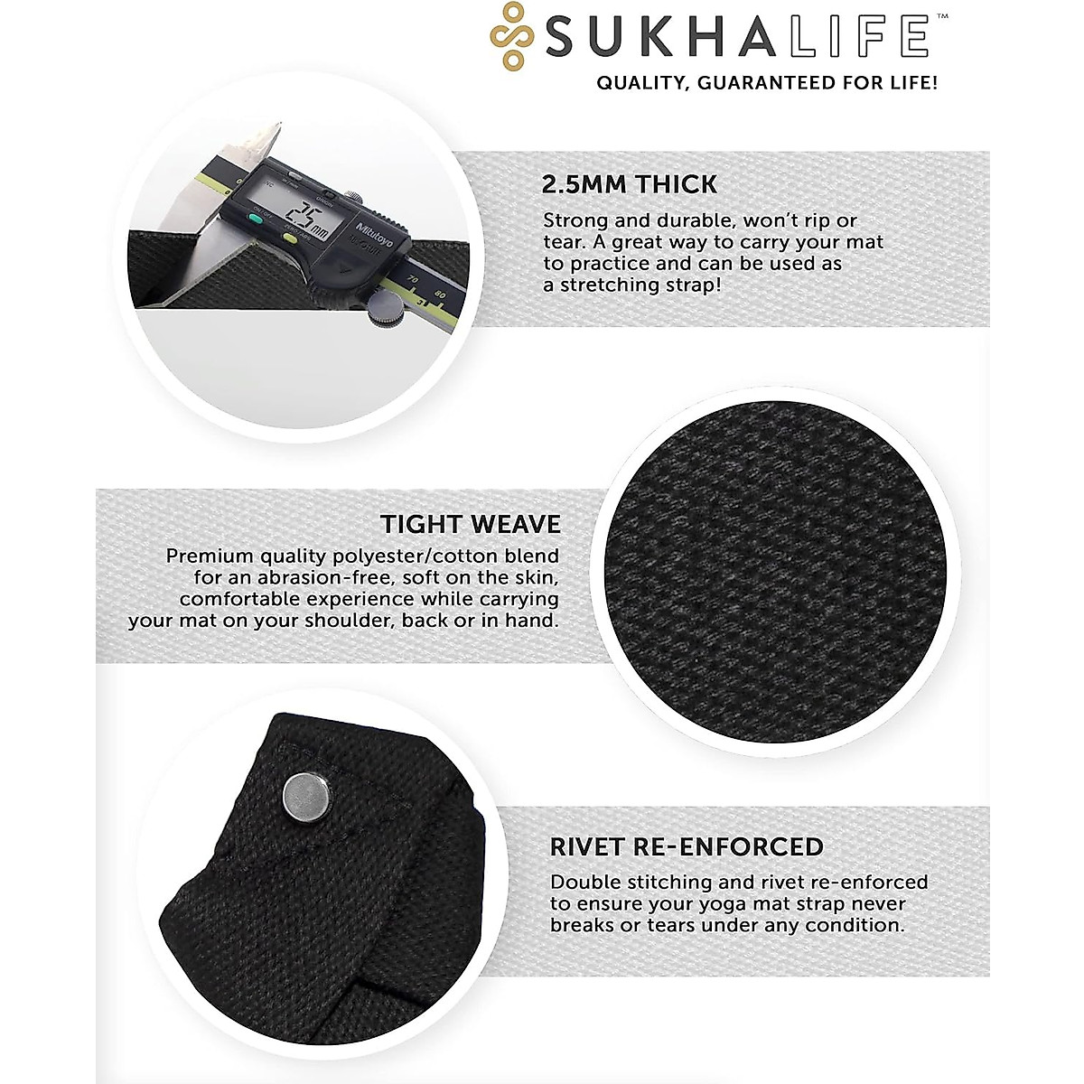 SukhaMat - Yoga Mat Strap, Extra-Durable and Comfortable | Multi-Purpose Strap/Carrier for Your Yoga Mat, Pilates or Exercise Mat (Black)