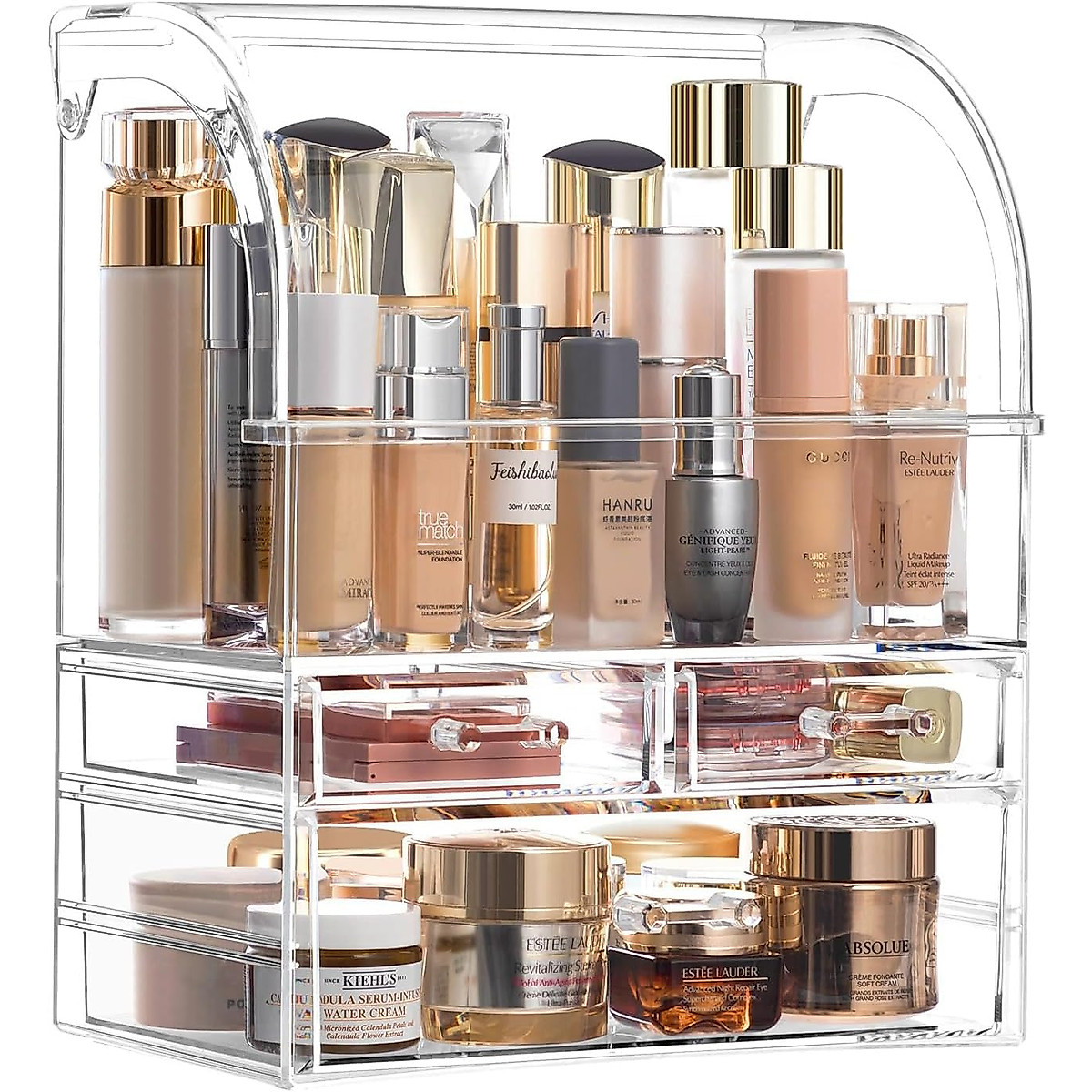 HBlife Large Clear Acrylic Cosmetic Makeup Organizer with Lid, High Capacity Cosmetics Storage Display Case with Drawers, Dustproof Waterproof Make Up Storage Box for Vanity Bathroom, XL