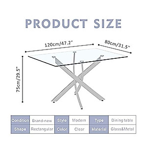 NIERN Tempered Glass Dining Table with Chromed Legs,47" Modern Rectangular Kitchen Table for Dining Room Kitchen,White