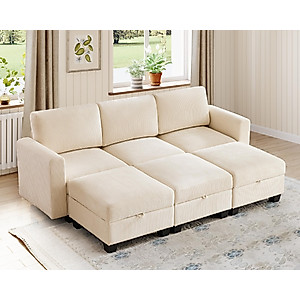 ABCASA Modular Sectional Sofa with Storage Chaises,Modular Sleeper Sofa Couch 6 Seat Sectional Sofa Bed Couch for Living Room,Apartment,Corduroy,Ivory