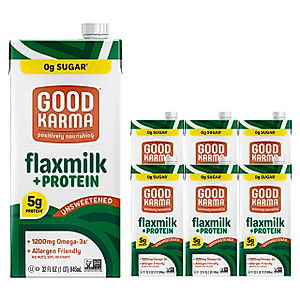 Good Karma Unsweetened Flaxmilk +Protein, 32 Ounce (Pack of 6), 5g Plant Protein + 1200mg Omega-3 Per Serving, Plant-Based Non-Dairy Milk Alternative, Lactose Free, Nut Free, Vegan, Shelf Stable