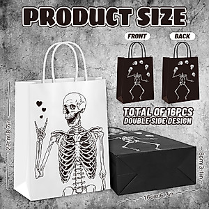 Whaline 16Pcs Halloween Skeleton Paper Gift Bags Black White Skull Party Favor Bags with Handle 4 Designs Goodie Candy Treat Bags for Halloween Party Decor Supplies