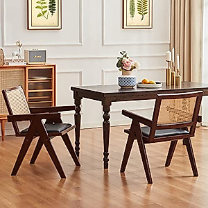 STARY Mid Century Modern Leather Rattan Dining Room Chair, 1 Pcs, Black