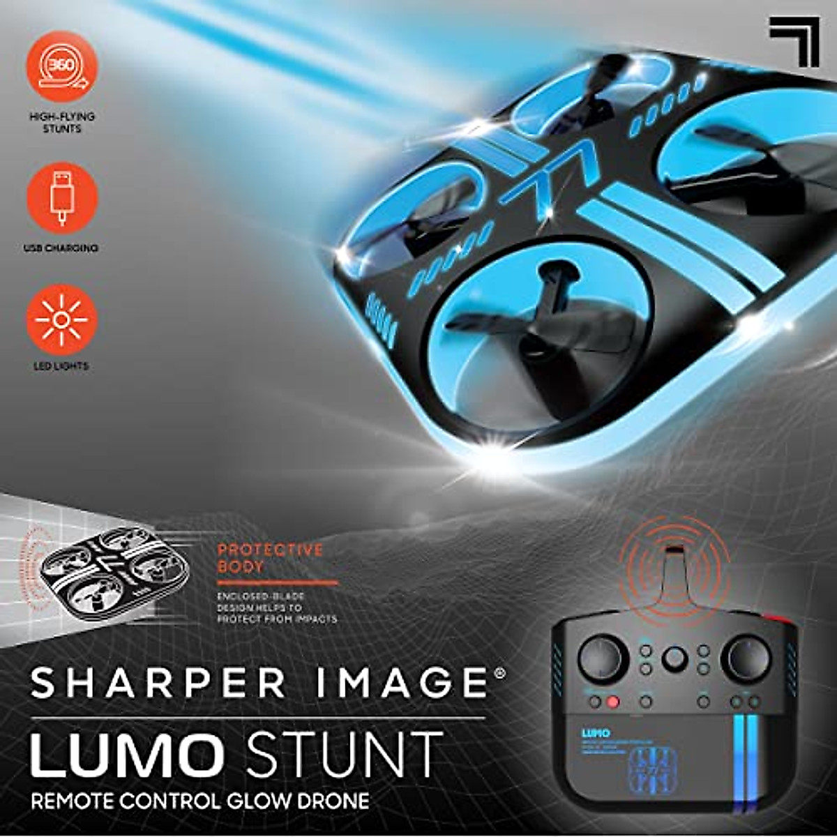 SHARPER IMAGE Lumo Stunt Remote Control LED Glow Drone, 2.4 GHz, Auto-Orientation, Assisted Landing & Gyro Stabilization, 3 Light Modes, Long Range Durability, Easy & Beginner Friendly Controls