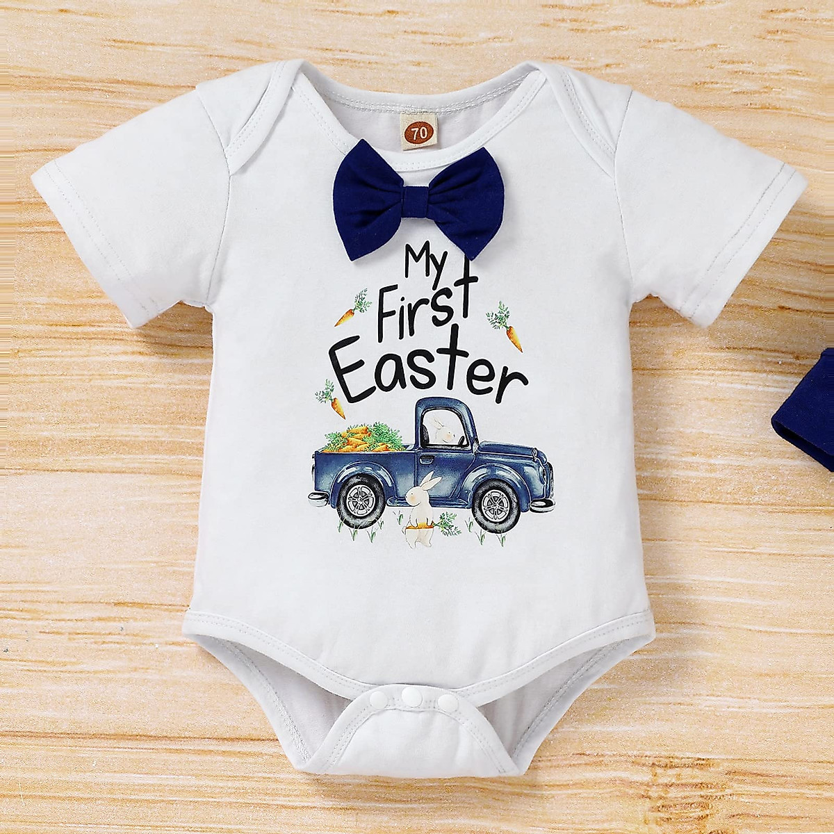 GRNSHTS Baby Boy My First Easter Pants Set Newborn Boys Short Sleeve Romper + Rabbit Long Pants 3PCs Easter Clothes(Blue,3-6M)