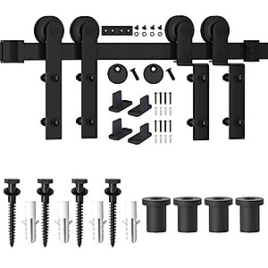 WINSOON 5FT Single Track Bypass Sliding Barn Door Hardware Kit for Double Doors, Low Ceiling, Easy Mount, Heavy Duty, Slide Quietly and Smoothly