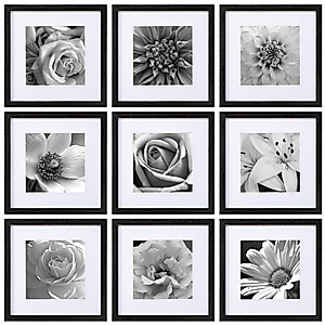 eletecpro 12x12 Picture Frames Black Set of 9, Wooden Square Frame Displays 8x8 with Mat and 12x12 without Mat, Poster Frame for Wall Hanging