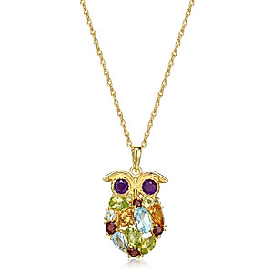 MORGAN & PAIGE 18k Yellow Gold Plated Sterling Silver Genuine Multi Gemstone Owl Pendant Necklace, 18"