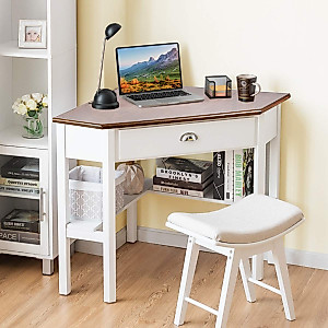 Tangkula Corner Desk, Corner Computer Desk with Drawer for Small Space, Small Corner Makeup Vanity Desk, 90 Degrees Triangle Corner Desk with Storage Shelves (Natural & White)